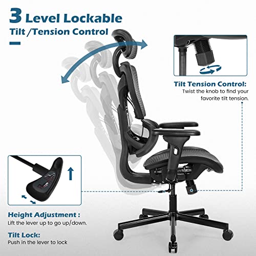 OUTFINE Back Height Adjustable High Back Mesh Chair, Adjustable Chair Back 3 Level Lock Function, 2D Adjustable Armrest, Adjustable Headrest and Adjustable Lumbar Support, Tilt, 300LBS