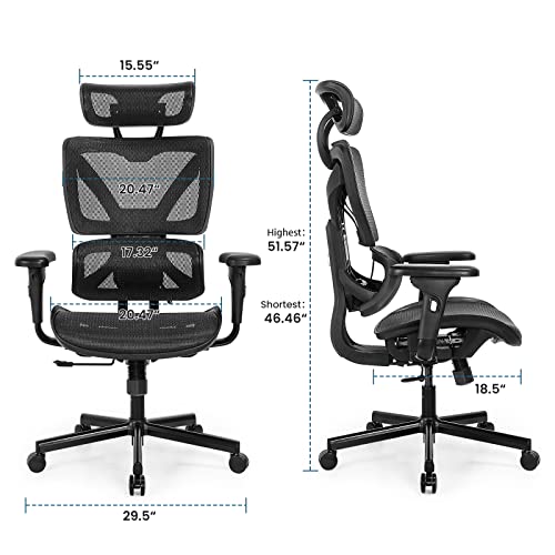 OUTFINE Back Height Adjustable High Back Mesh Chair, Adjustable Chair Back 3 Level Lock Function, 2D Adjustable Armrest, Adjustable Headrest and Adjustable Lumbar Support, Tilt, 300LBS