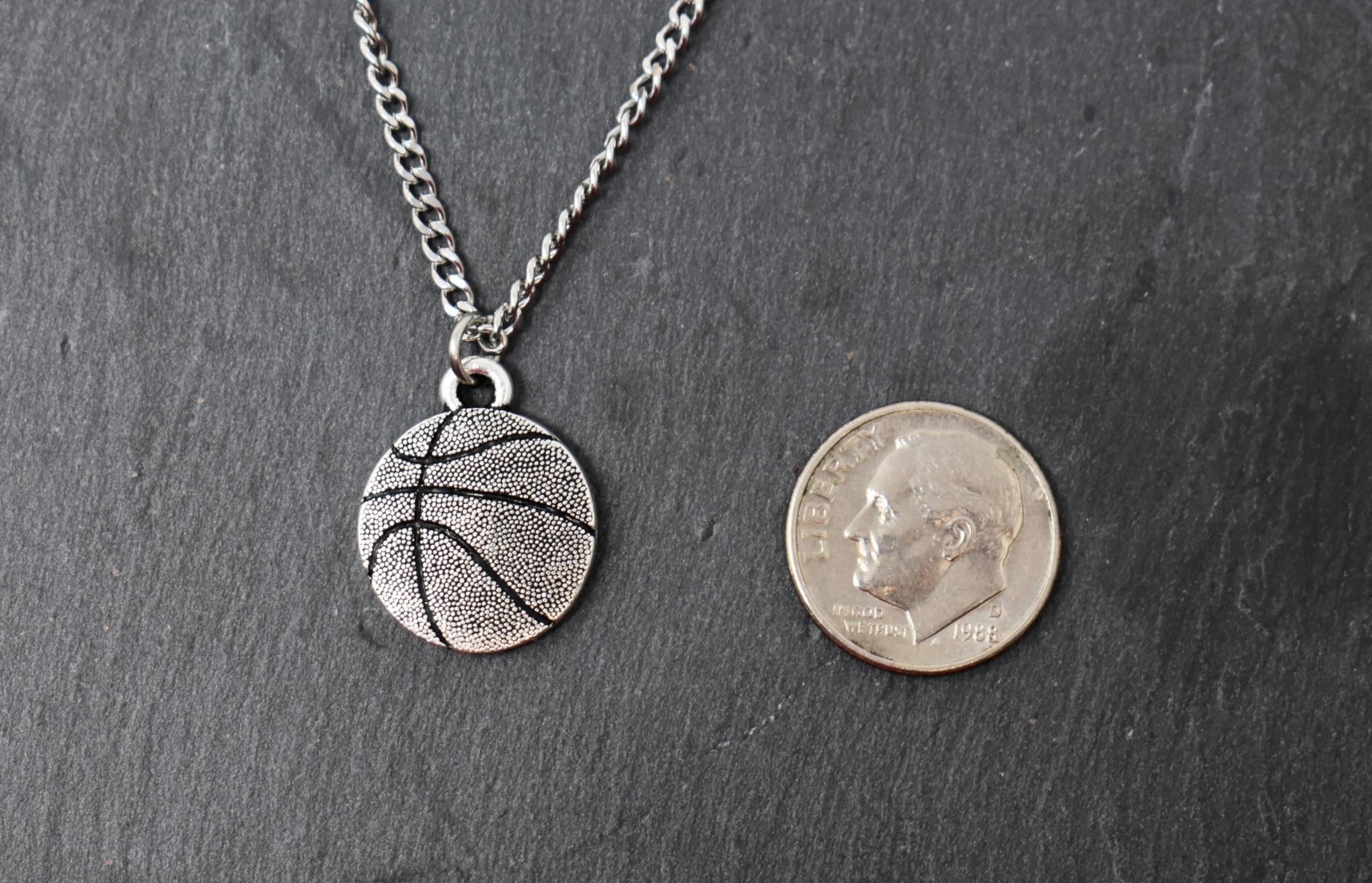 Personalized Basketball Charm Pendant in Silver Plated Pewter on Stainless Steel Curb Chain. Boy’s Necklace. Boys Necklace. Basketball Gift