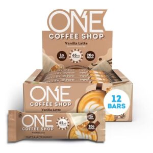 one coffee shop caffeinated protein bars, vanilla latte, gluten free with 20g protein and 65mg of caffeine energy, pantry staples, 2.12 oz (12 count)