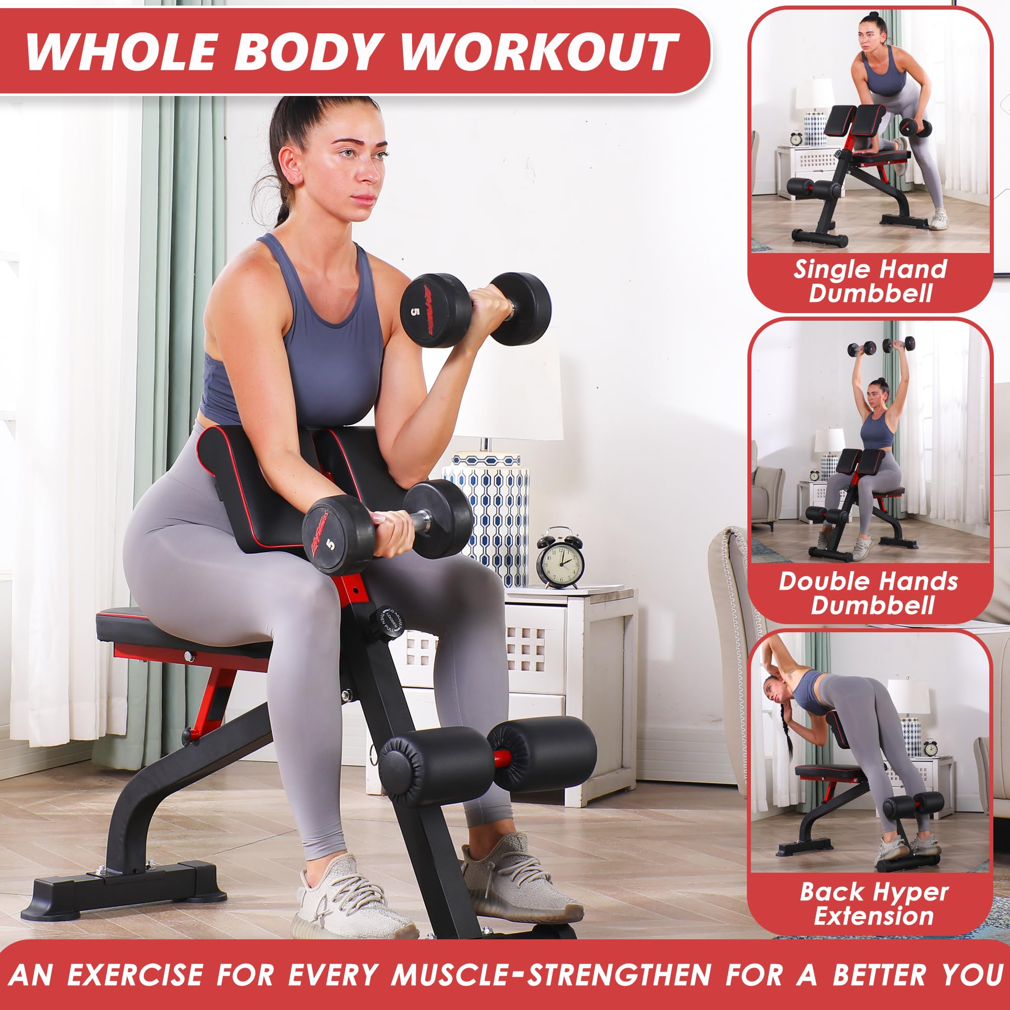 BODY RHYTHM Compact Adjustable Weighted Bench for Full Strength Training, Ab/Back Hyper Roman Chair, Ab Sit up Bench, Incline Decline Flat Hyperextension Back Extension Machine (Black) (YYBR01)