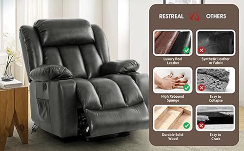 COOSLEEP Large Power Lift Recliner Chair with Massage and Heat for Elderly, Overstuffed Wide Recliners, Breathable Leather with Breathable microporous, USB Ports, 2 Cup Holders (Gray)