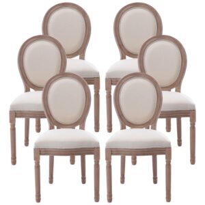 nrizc french dining chairs set of 6, french country, vintage farmhouse dining chairs with round back, solid wood beige fabric dining room chairs, for kitchen, bedroom