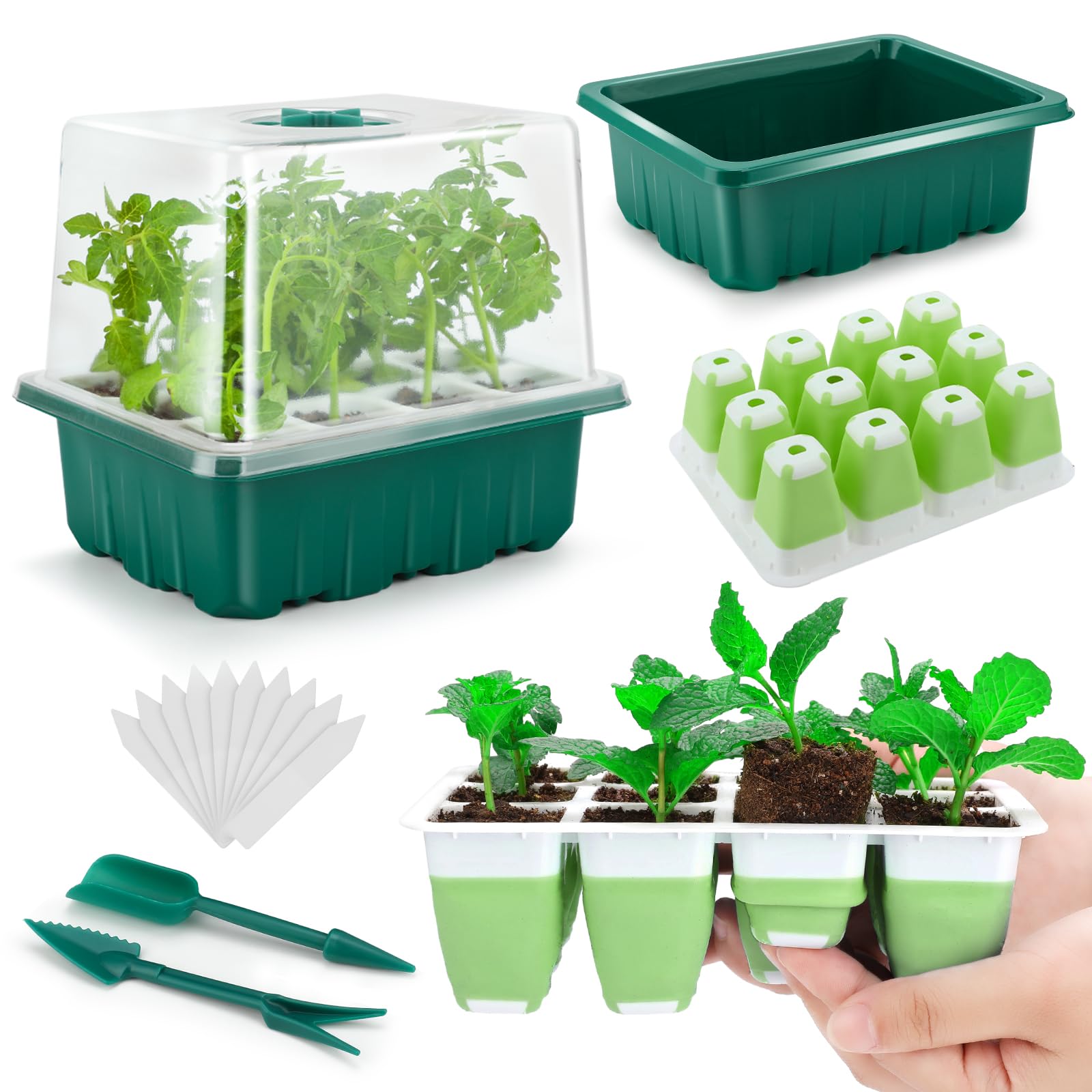 Seed Starter Tray, 48 Cells Indoor Seed Starter Kit, Flexible Silicone Designed Seedling Starter Trays, Germination Tray with Humidity Dome & Lids(4in Height), Reusable & Dishwasher Safe, BPA-FREE