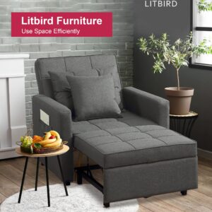 Litbird [UPDATED] Convertible Chair Sleeper Bed, Stepless Adjustable Backrest, Futon Chair Turns Into Bed, Sleeper Sofa for Living Room, 3 in 1, Linenette, Deep Gray