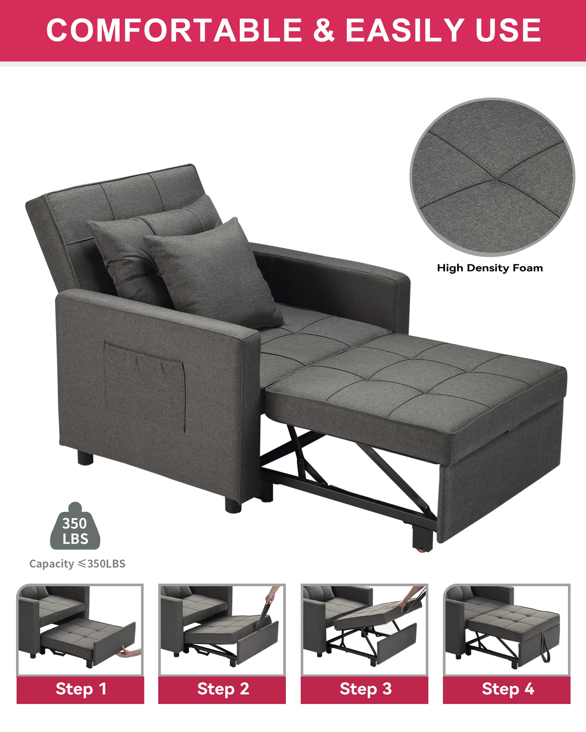 Litbird [UPDATED] Convertible Chair Sleeper Bed, Stepless Adjustable Backrest, Futon Chair Turns Into Bed, Sleeper Sofa for Living Room, 3 in 1, Linenette, Deep Gray