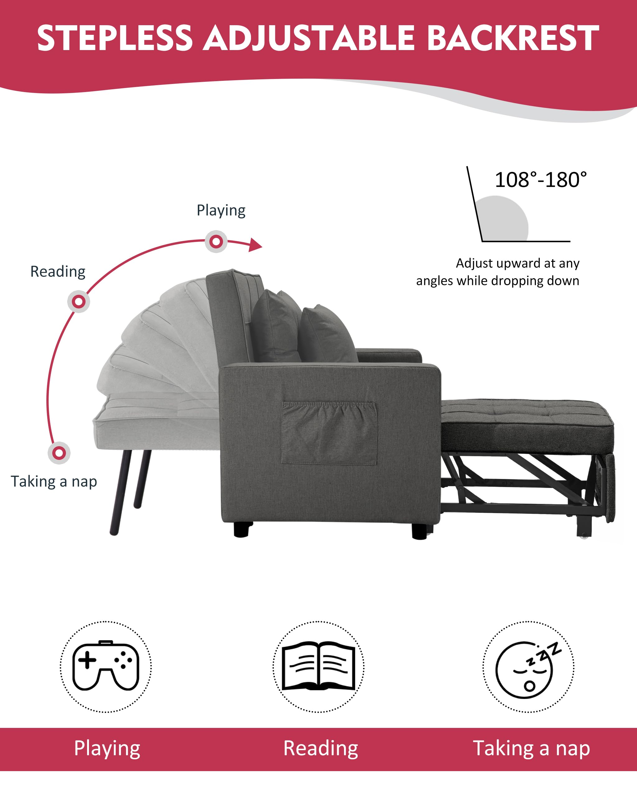 Litbird [UPDATED] Convertible Chair Sleeper Bed, Stepless Adjustable Backrest, Futon Chair Turns Into Bed, Sleeper Sofa for Living Room, 3 in 1, Linenette, Deep Gray