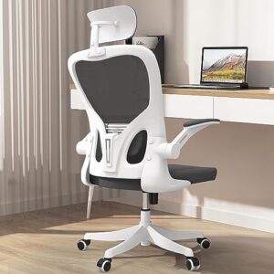 monhey office chair, ergonomic office chair with lumbar support & 3d headrest & flip up arms home office desk chairs rockable high back swivel computer chair white frame black mesh study chair