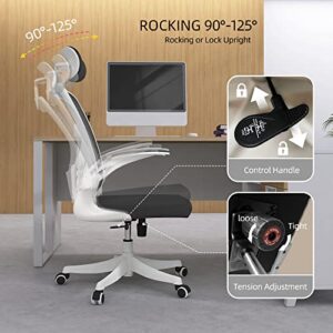 Monhey Office Chair, Ergonomic Office Chair with Lumbar Support & 3D Headrest & Flip Up Arms Home Office Desk Chairs Rockable High Back Swivel Computer Chair White Frame Black Mesh Study Chair