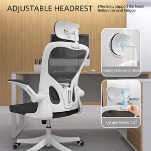 Monhey Office Chair, Ergonomic Office Chair with Lumbar Support & 3D Headrest & Flip Up Arms Home Office Desk Chairs Rockable High Back Swivel Computer Chair White Frame Black Mesh Study Chair