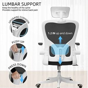 Monhey Office Chair, Ergonomic Office Chair with Lumbar Support & 3D Headrest & Flip Up Arms Home Office Desk Chairs Rockable High Back Swivel Computer Chair White Frame Black Mesh Study Chair