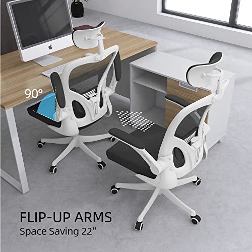 Monhey Office Chair, Ergonomic Office Chair with Lumbar Support & 3D Headrest & Flip Up Arms Home Office Desk Chairs Rockable High Back Swivel Computer Chair White Frame Black Mesh Study Chair