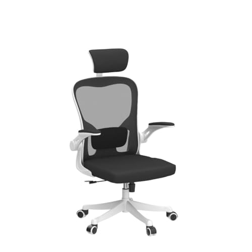 Monhey Office Chair, Ergonomic Office Chair with Lumbar Support & 3D Headrest & Flip Up Arms Home Office Desk Chairs Rockable High Back Swivel Computer Chair White Frame Black Mesh Study Chair