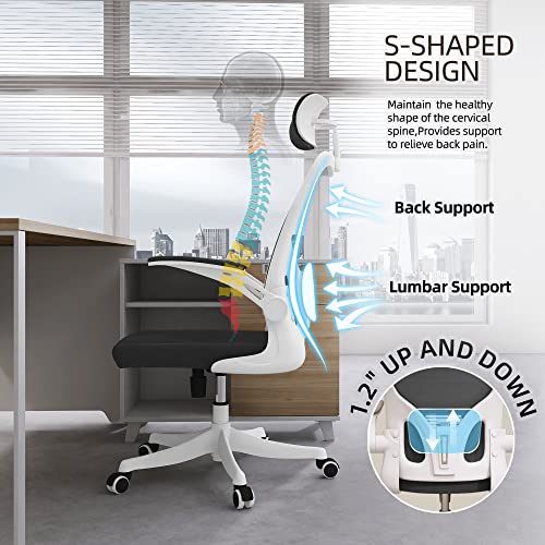 Monhey Office Chair, Ergonomic Office Chair with Lumbar Support & 3D Headrest & Flip Up Arms Home Office Desk Chairs Rockable High Back Swivel Computer Chair White Frame Black Mesh Study Chair