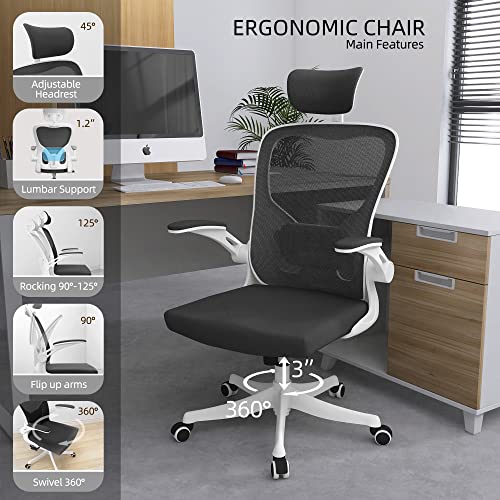 Monhey Office Chair, Ergonomic Office Chair with Lumbar Support & 3D Headrest & Flip Up Arms Home Office Desk Chairs Rockable High Back Swivel Computer Chair White Frame Black Mesh Study Chair