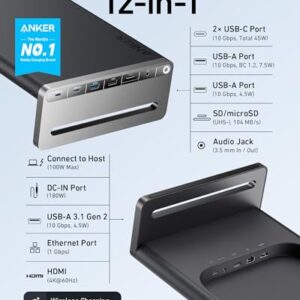 Anker 675 USB-C Docking Station (12-in-1, Monitor Stand) with 10Gbps USB-C Ports, 4K@60Hz HDMI Display, Wireless Charging Pad, for Lenovo ThinkPad, MacBook Pro M1 / M2 and More USB-C Devices