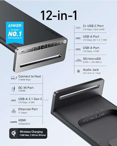 Anker 675 USB-C Docking Station (12-in-1, Monitor Stand) with 10Gbps USB-C Ports, 4K@60Hz HDMI Display, Wireless Charging Pad, for Lenovo ThinkPad, MacBook Pro M1 / M2 and More USB-C Devices