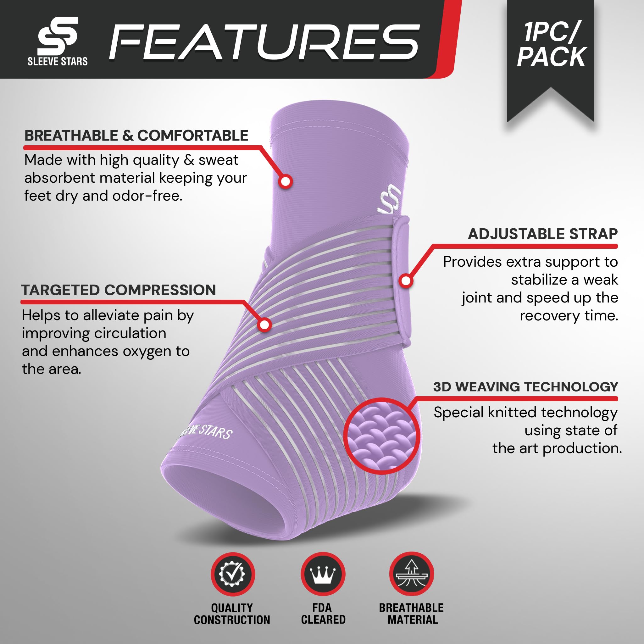 Sleeve Stars Ankle Brace for Sprained Ankle & Plantar Fasciitis Relief, Achilles Tendonitis Brace & Ankle Support for Women & Men, Ankle Wrap & Foot Brace w/Compression Strap (Pair/Light Purple)