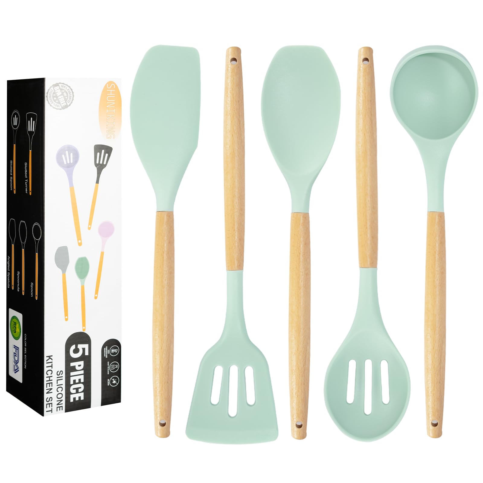 Kitchen Utensils Set, 5 Pcs Non-Stick Silicone Kitchen Cooking Utensils with Wooden Handle, Kitchen Spatula Cookware Utensils Set, Heat Resistant Silicone Kitchen Gadgets (Light Green)