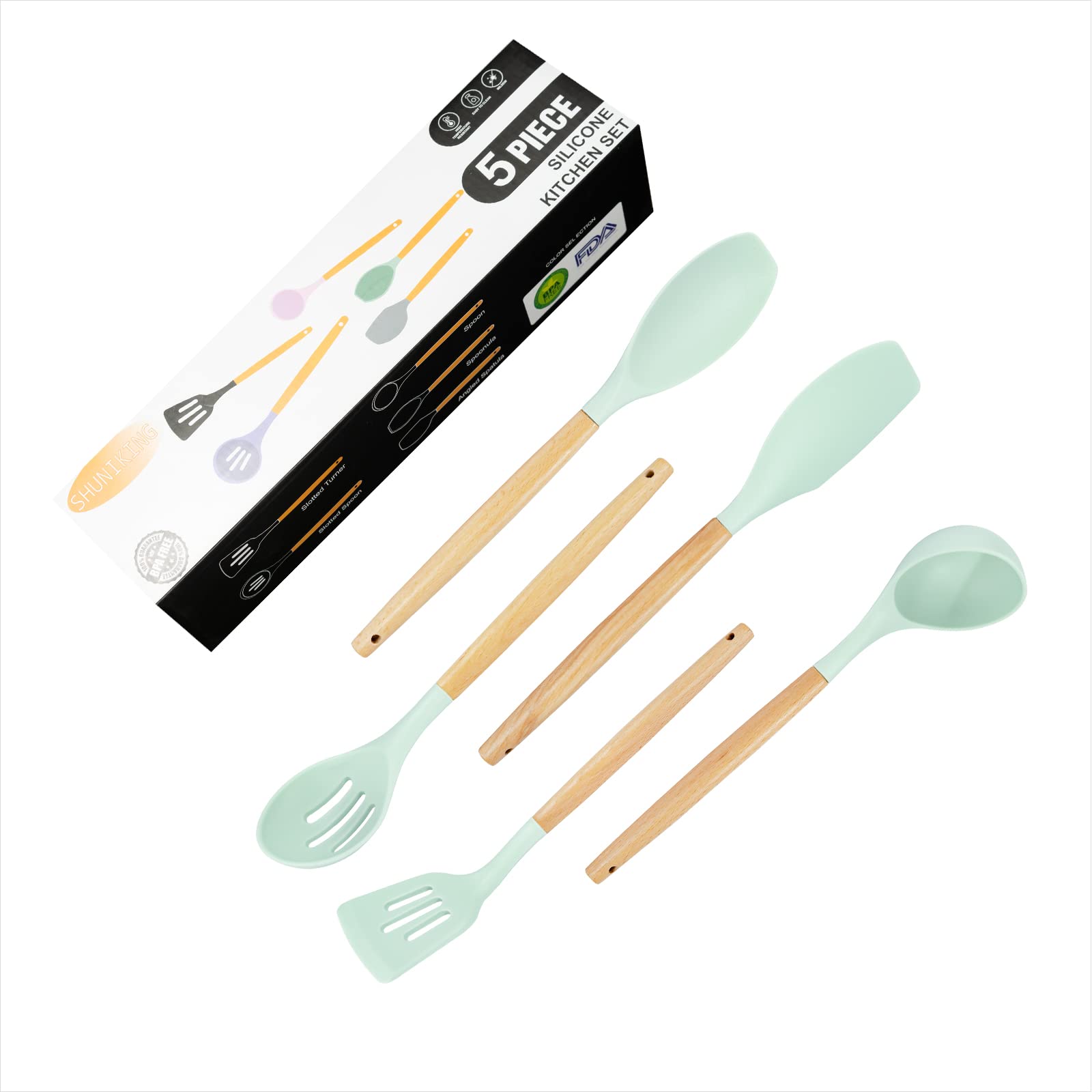 Kitchen Utensils Set, 5 Pcs Non-Stick Silicone Kitchen Cooking Utensils with Wooden Handle, Kitchen Spatula Cookware Utensils Set, Heat Resistant Silicone Kitchen Gadgets (Light Green)