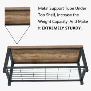 FOLUBAN Shoe Bench, Industrial Entryway Bench with Metal Storage Shelf, Rustic Indoor Shoe Storage Bench Seat, Oak