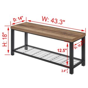 FOLUBAN Shoe Bench, Industrial Entryway Bench with Metal Storage Shelf, Rustic Indoor Shoe Storage Bench Seat, Oak