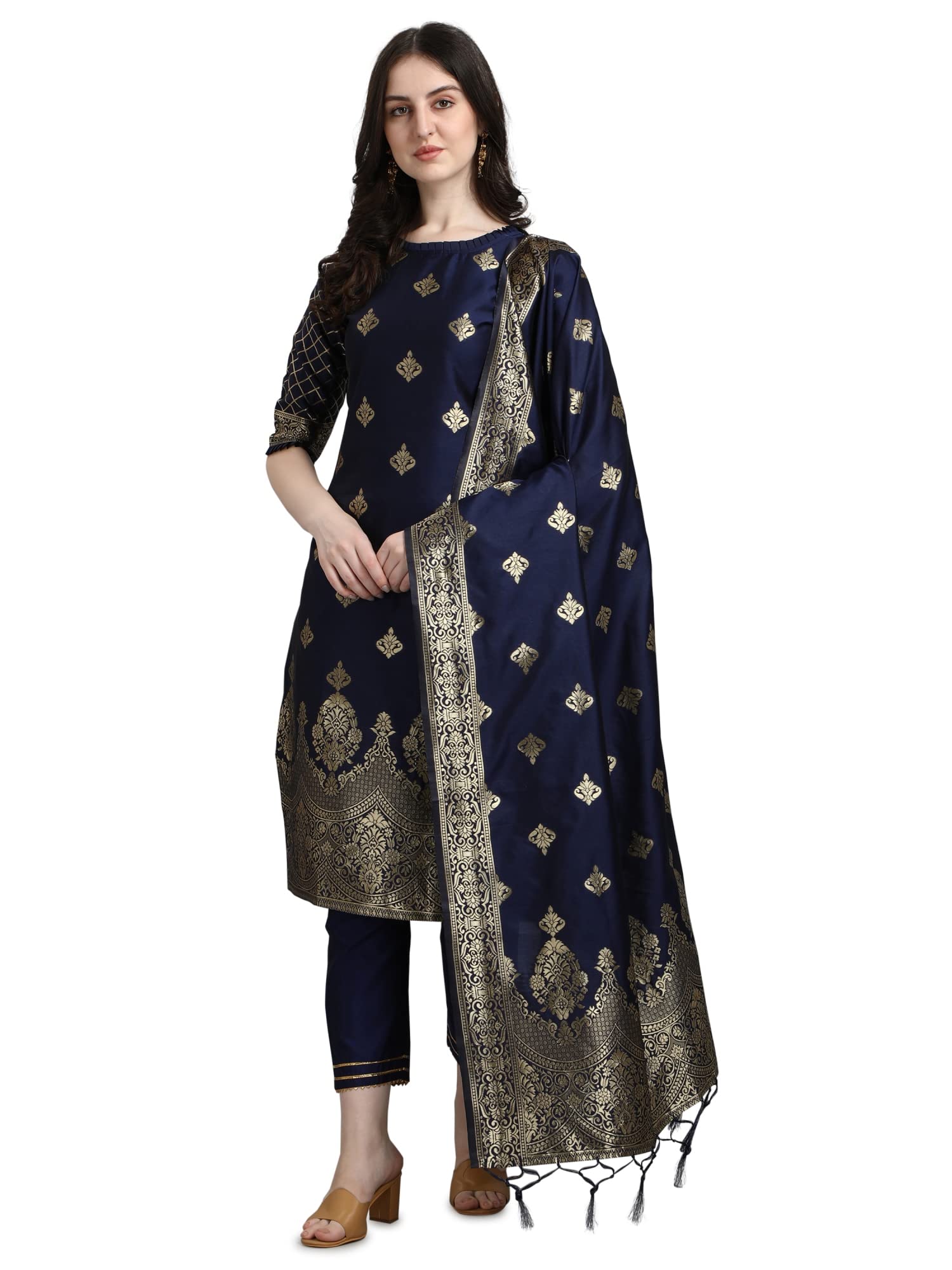 VredeVogel Women's Cotton Silk Jacquard Kurta Pant With Banarasi Silk Dupatta Large Navy Blue