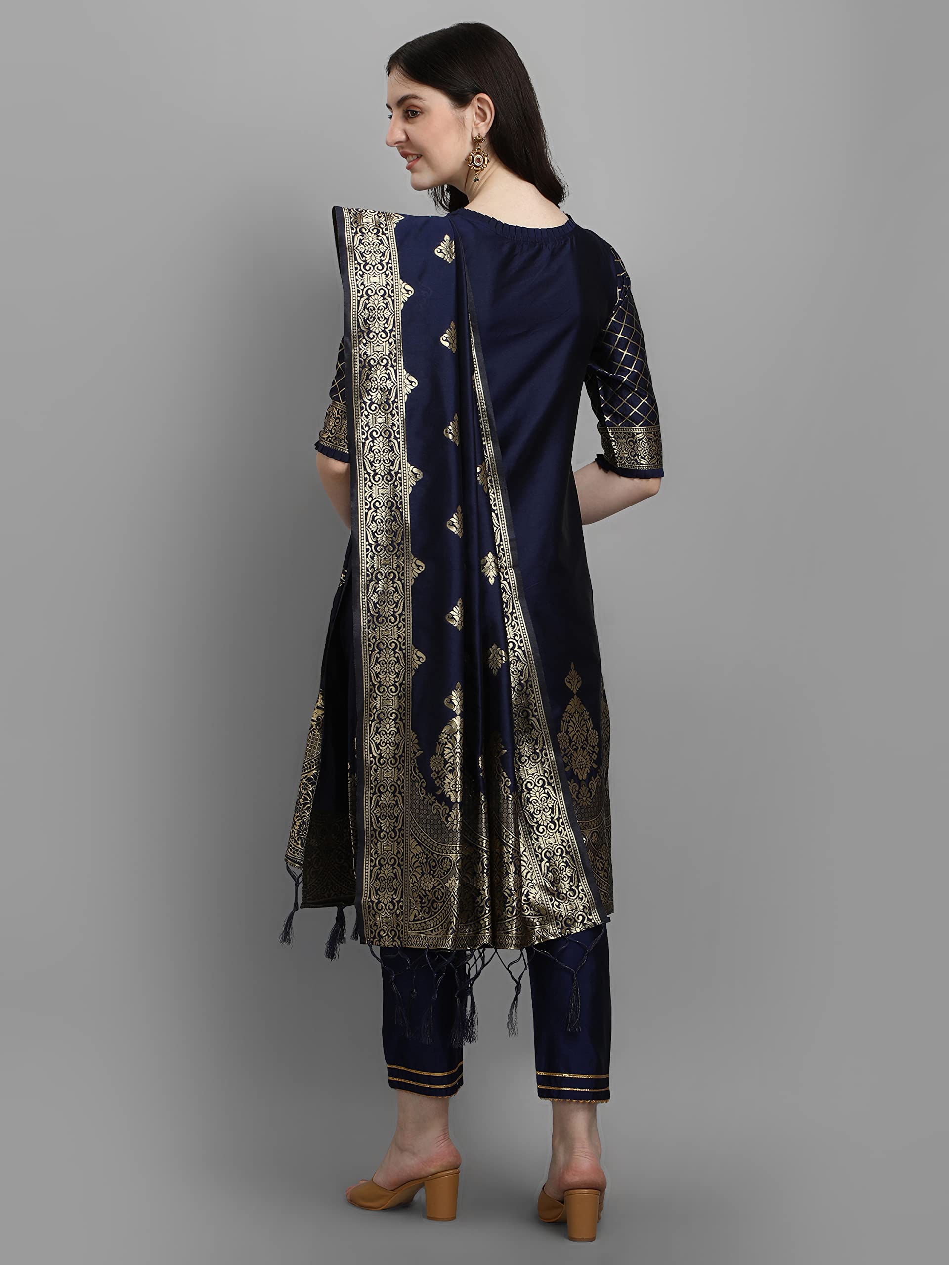 VredeVogel Women's Cotton Silk Jacquard Kurta Pant With Banarasi Silk Dupatta Large Navy Blue