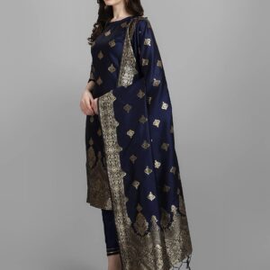 VredeVogel Women's Cotton Silk Jacquard Kurta Pant With Banarasi Silk Dupatta Large Navy Blue