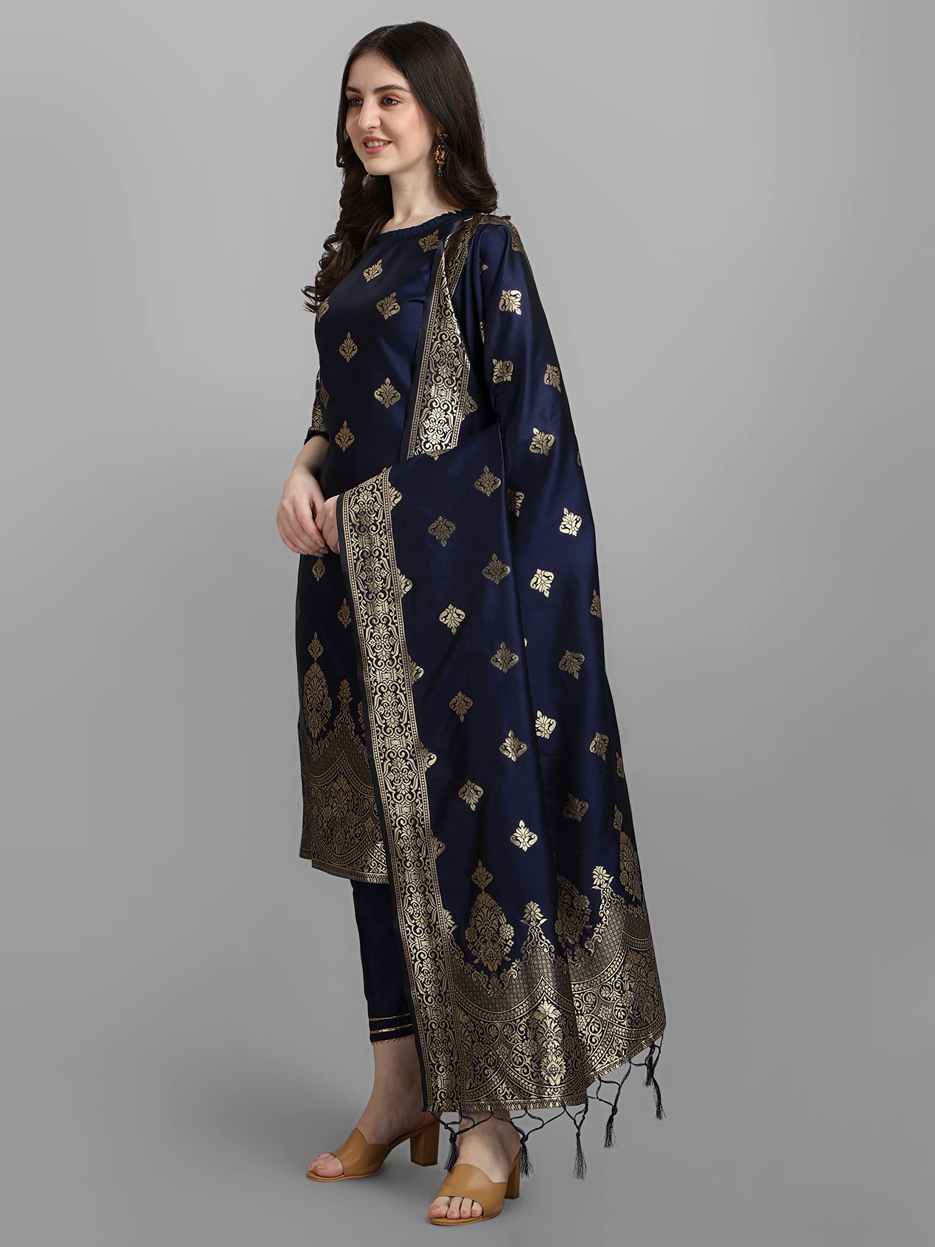 VredeVogel Women's Cotton Silk Jacquard Kurta Pant With Banarasi Silk Dupatta Large Navy Blue