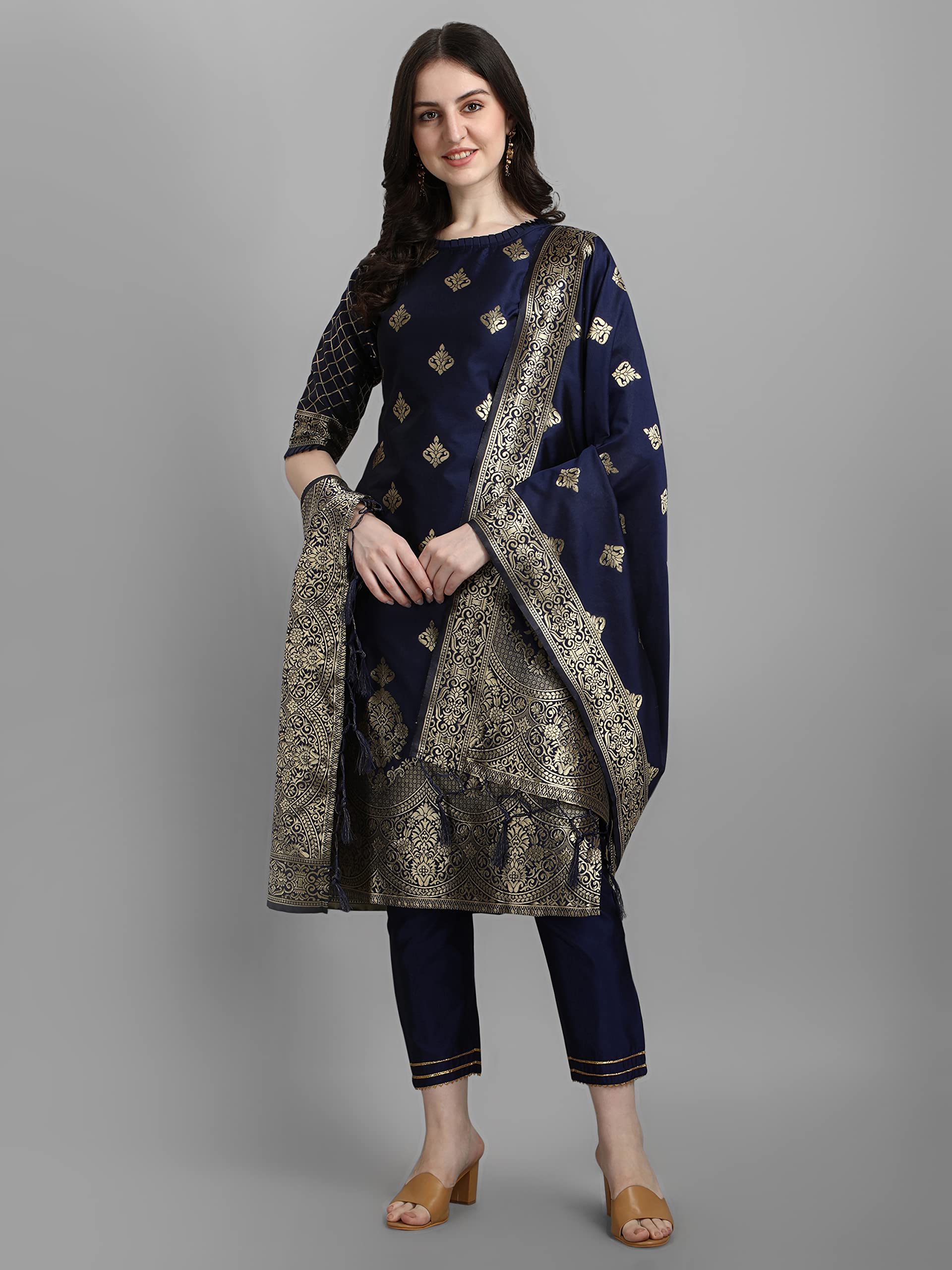 VredeVogel Women's Cotton Silk Jacquard Kurta Pant With Banarasi Silk Dupatta Large Navy Blue