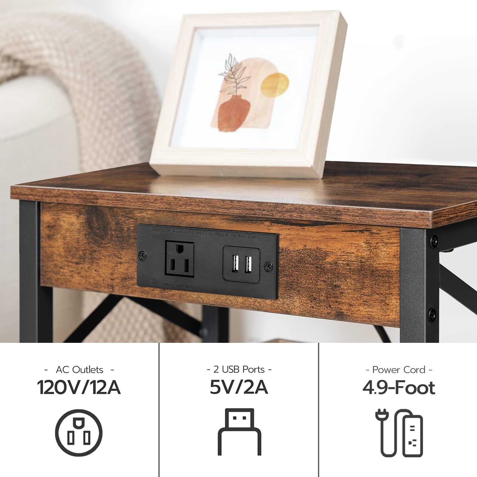 HOOBRO Nightstands Set of 2, End Tables with 2 Drawers, Side Tables with Charging Station, Multi-Level Storage Space, for Bedroom, Adjustable Feet, Rustic Brown and Black BF138UBZP201