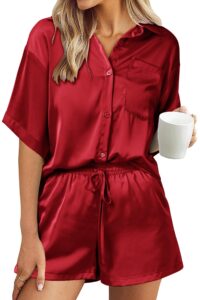 prettygarden women's 2 piece satin pajama sets short sleeve button down tops and shorts set 2024 summer pjs silk sleepwear (red,medium)