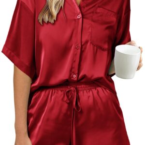 PRETTYGARDEN Women's 2 Piece Satin Pajama Sets Short Sleeve Button Down Tops And Shorts Set 2024 Summer Pjs Silk Sleepwear (Red,Medium)