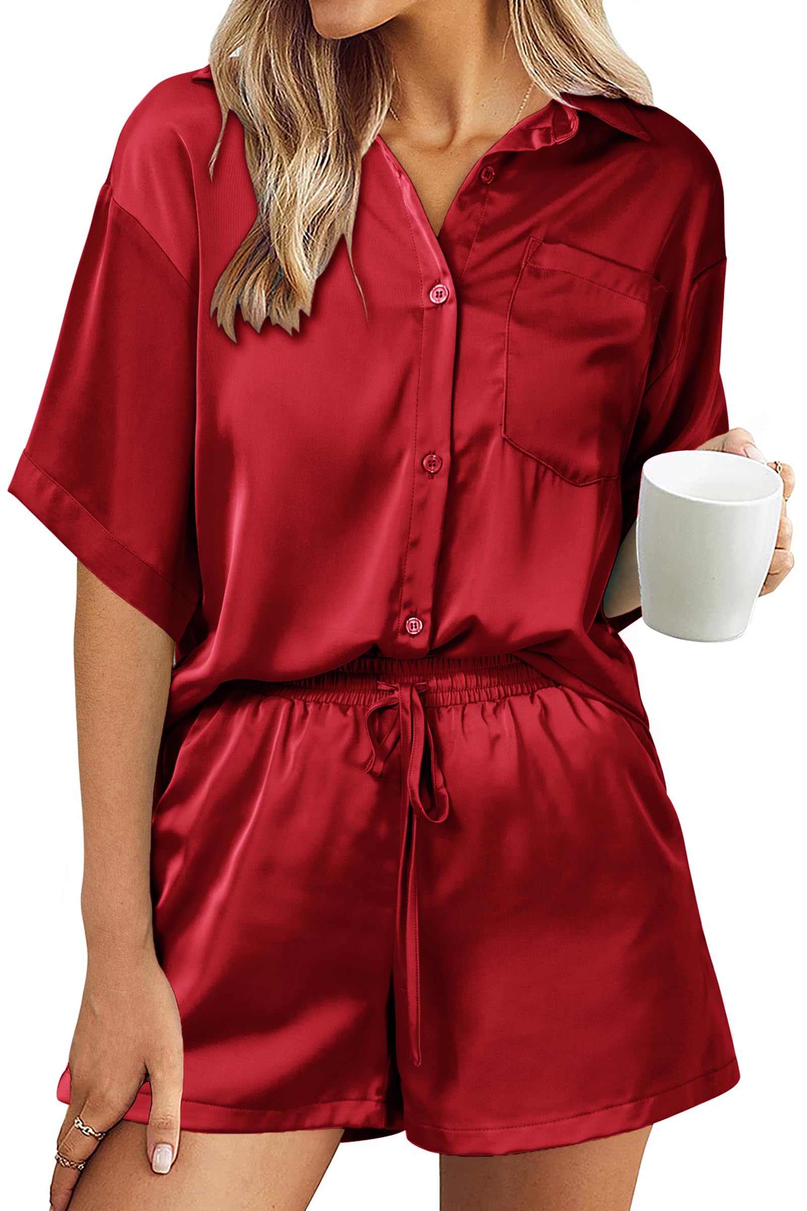 PRETTYGARDEN Women's 2 Piece Satin Pajama Sets Short Sleeve Button Down Tops And Shorts Set 2024 Summer Pjs Silk Sleepwear (Red,Medium)