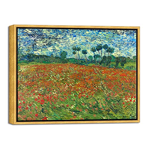 Wieco Art Framed Art Poppy Field June 1890 Canvas Print of Vincent Van Gogh Oil Paintings Reproduction Abstract Wall Art for Home Decorations Bronze Gold Frame