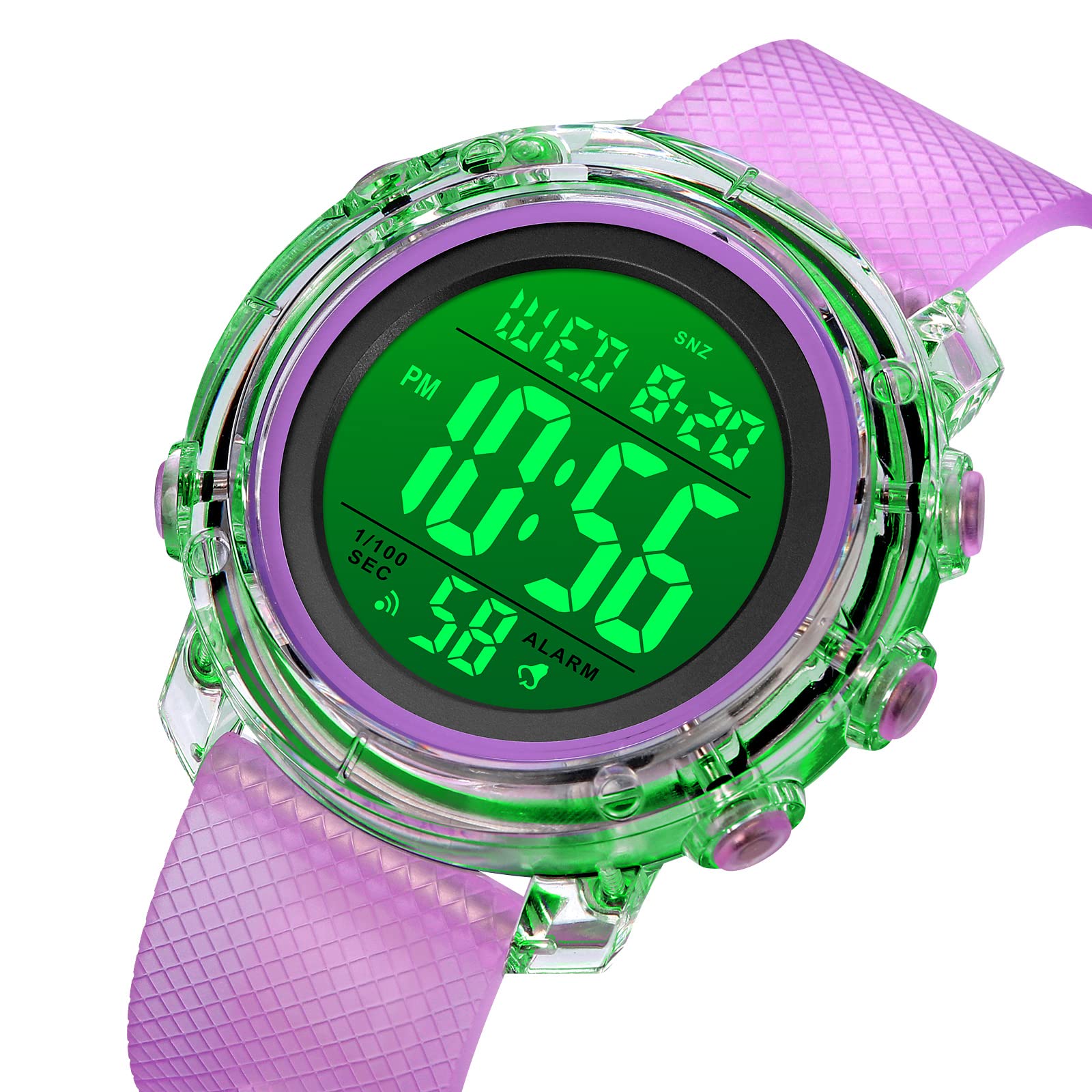 Gosasa Outdoor Sport Women Watches Fashion Ladies Casual Watch Calendar Week Display Alarm 5Bar Waterproof PU Strap LED Digital Watch (X-Purple)