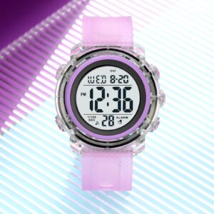 Gosasa Outdoor Sport Women Watches Fashion Ladies Casual Watch Calendar Week Display Alarm 5Bar Waterproof PU Strap LED Digital Watch (X-Purple)