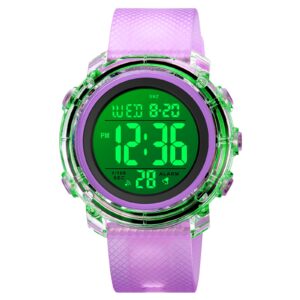 Gosasa Outdoor Sport Women Watches Fashion Ladies Casual Watch Calendar Week Display Alarm 5Bar Waterproof PU Strap LED Digital Watch (X-Purple)