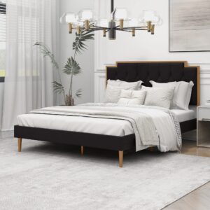 agartt upholstered platform queen size bed frame with headboard premium stable wood slat support no box spring required black