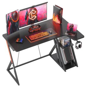 cubicubi aurora gaming desk with carbon fiber surface, 40 inch l shaped desk with storage shelves, small corner computer desk with monitor shelf, gamer desk pc table, black