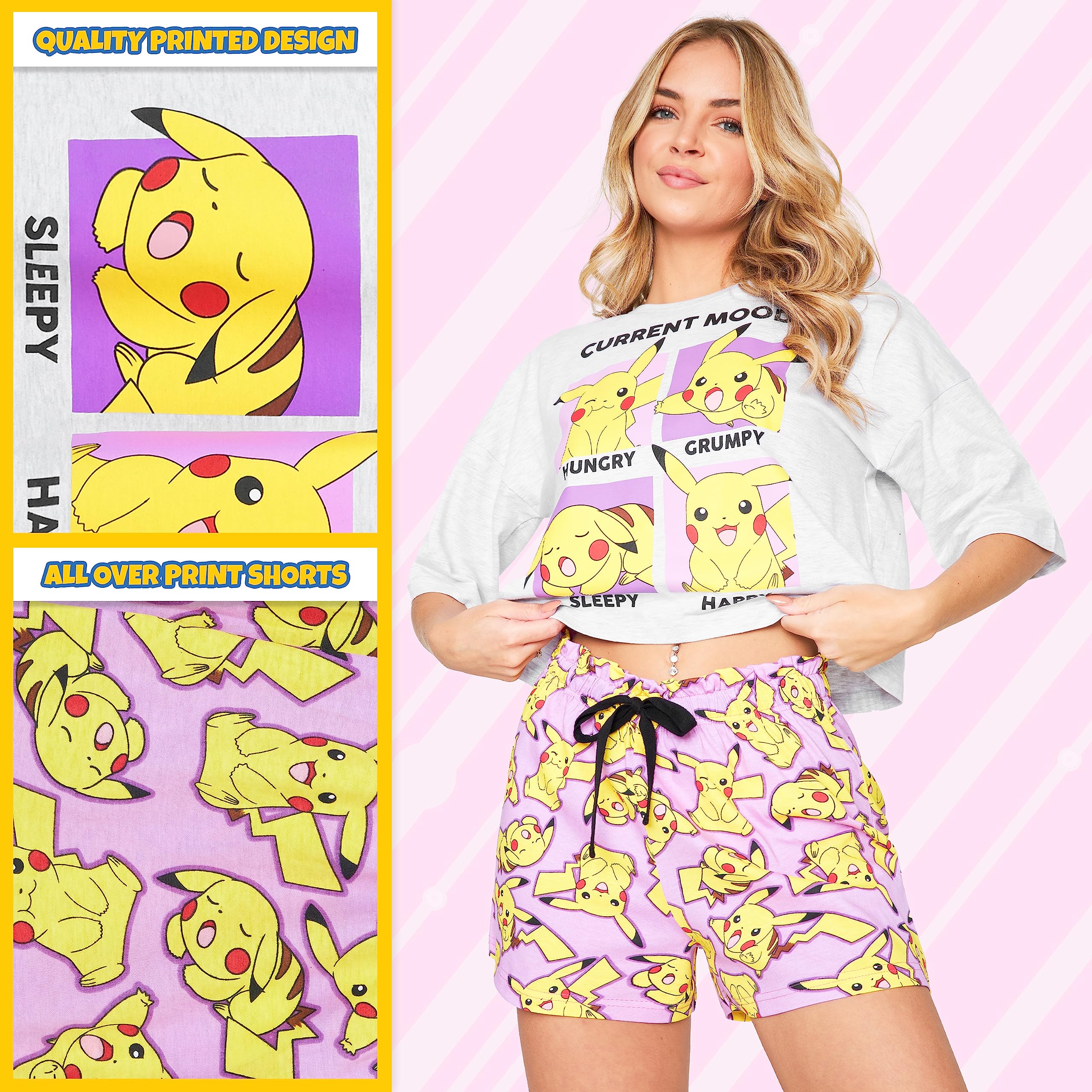 Pokemon Pyjamas for Women Teenagers Summer Pikachu Ladies Lounge Wear Sets 2 Piece (as1, alpha, l, regular, regular, Standard, Grey/Pink)