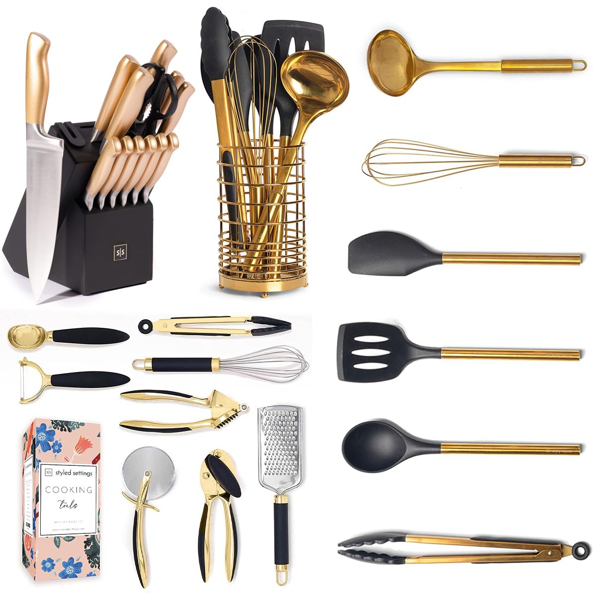 Black and Gold Knife Set with Block, Gold Kitchen Utensils, Gold Utensil Holder, Gold Measuring Cups and Spoons Set, Black and Gold Kitchen Gadget and Tools Set - Black & Gold Kitchen Accessories…