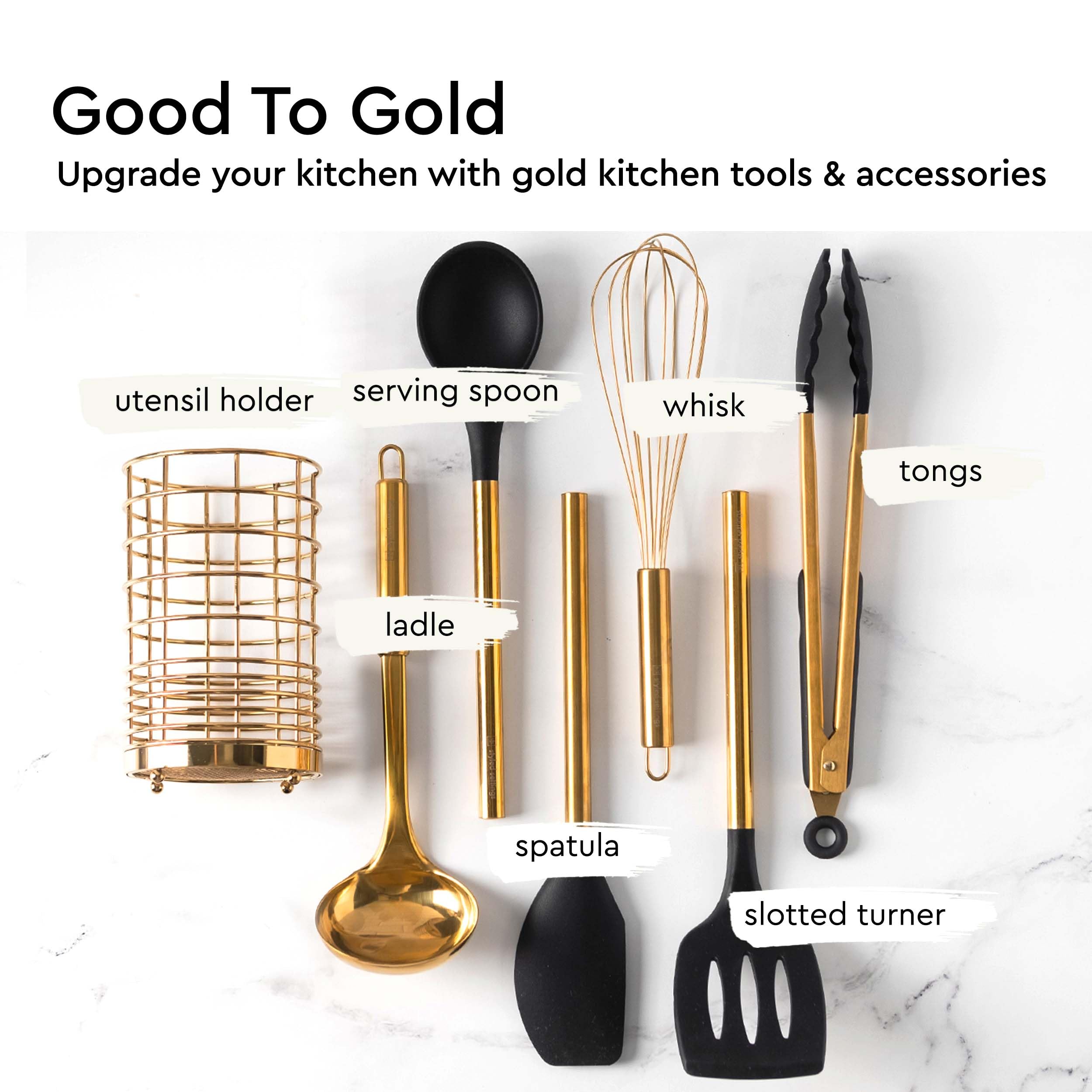 Black and Gold Knife Set with Block, Gold Kitchen Utensils, Gold Utensil Holder, Gold Measuring Cups and Spoons Set, Black and Gold Kitchen Gadget and Tools Set - Black & Gold Kitchen Accessories…