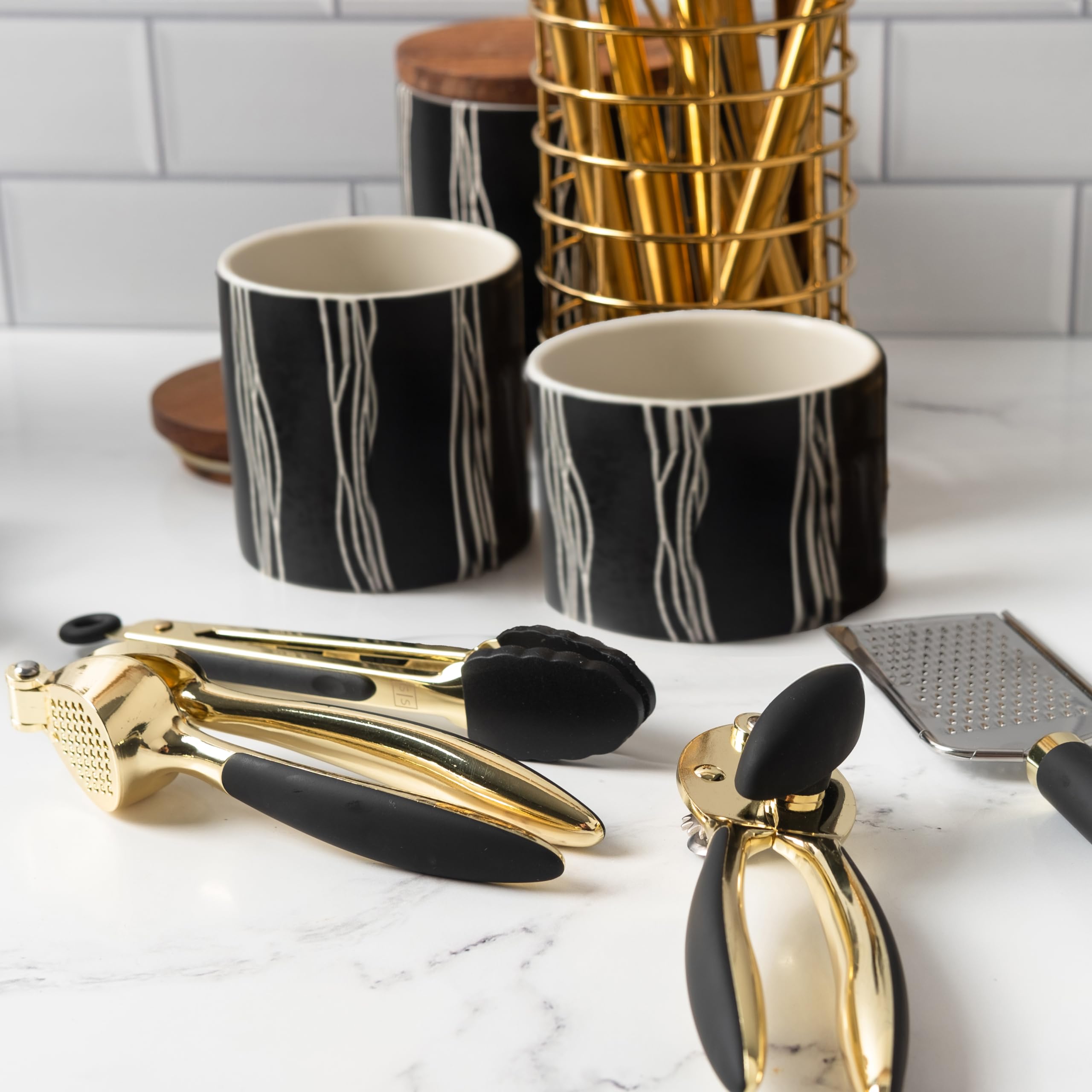 Black and Gold Knife Set with Block, Gold Kitchen Utensils, Gold Utensil Holder, Gold Measuring Cups and Spoons Set, Black and Gold Kitchen Gadget and Tools Set - Black & Gold Kitchen Accessories…