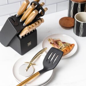 Black and Gold Knife Set with Block, Gold Kitchen Utensils, Gold Utensil Holder, Gold Measuring Cups and Spoons Set, Black and Gold Kitchen Gadget and Tools Set - Black & Gold Kitchen Accessories…