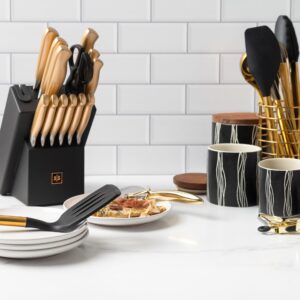 Black and Gold Knife Set with Block, Gold Kitchen Utensils, Gold Utensil Holder, Gold Measuring Cups and Spoons Set, Black and Gold Kitchen Gadget and Tools Set - Black & Gold Kitchen Accessories…