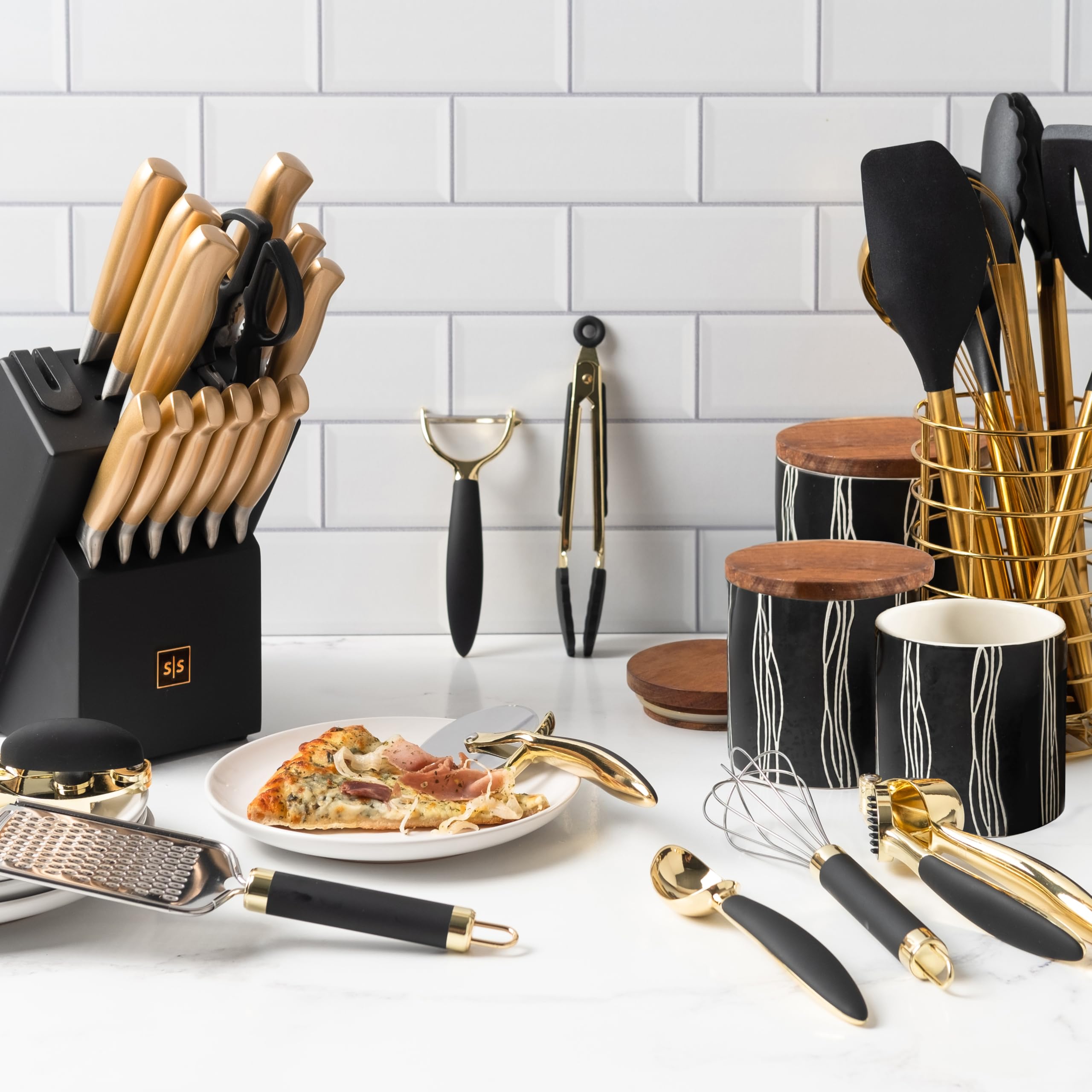 Black and Gold Knife Set with Block, Gold Kitchen Utensils, Gold Utensil Holder, Gold Measuring Cups and Spoons Set, Black and Gold Kitchen Gadget and Tools Set - Black & Gold Kitchen Accessories…