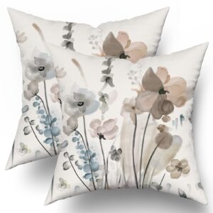 watercolor floral pillow covers 18x18 in brown cream grey teal flower couch pillow cases rustic abstract modern throw pillows set of 2 home decor for living room bedroom bed cushion outdoor