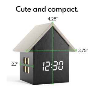 Driini Digital House Shaped Alarm Clock with Temperature Display (Dark Wood) – Modern Aesthetic with Cute Cube Frame and White LED Dimmer - Perfect Small Desk Clock for Bedside Table or Bedroom Mantle